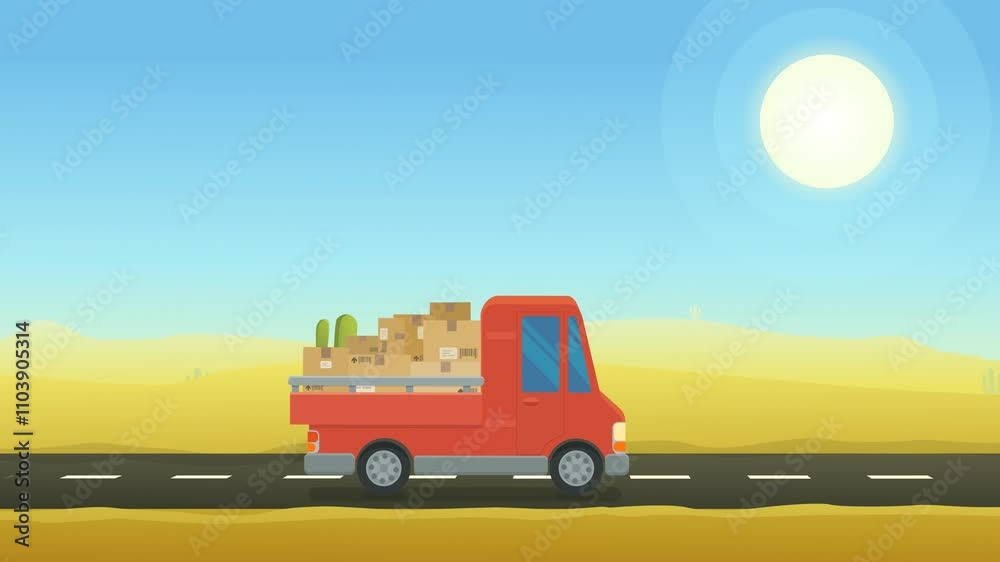 Animation loop of a red van with its exterior bed containing cardboard ...