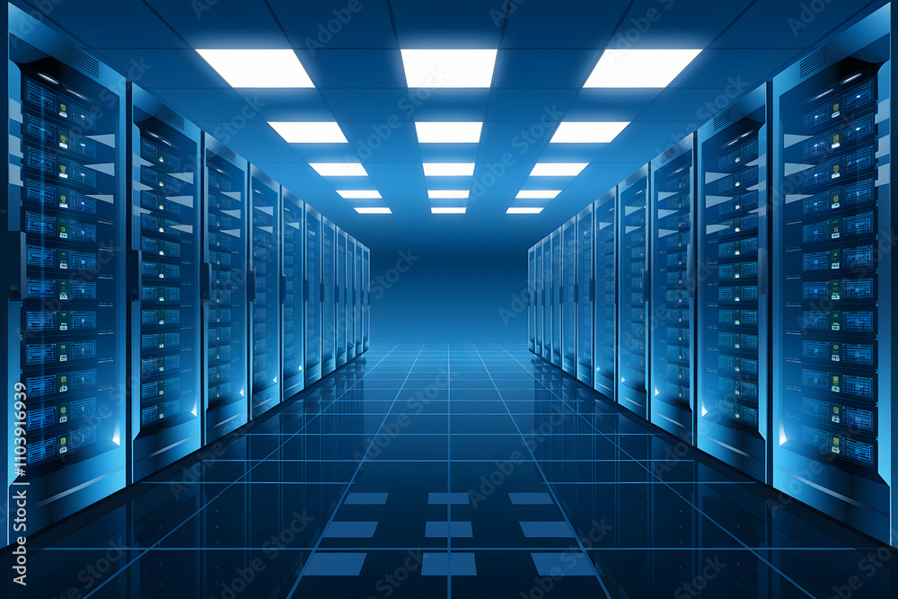 Blue lit server room with electronic racks and mirrored floor ...