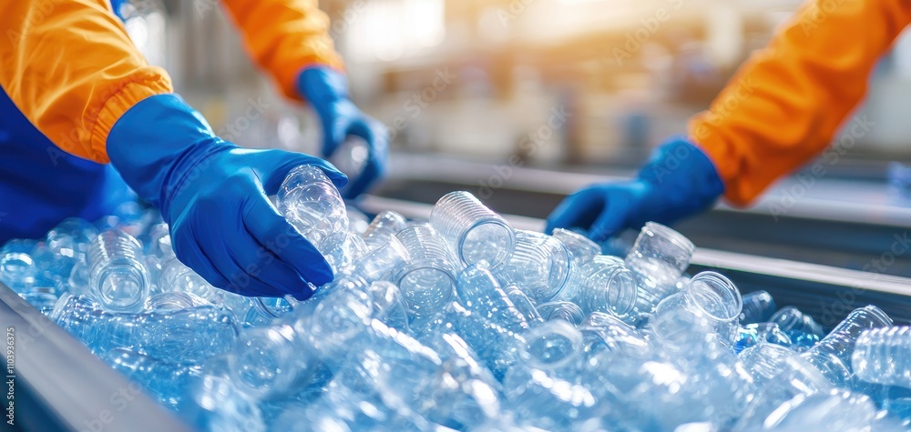 waste reduction techniques concept. Workers in gloves sort through a ...