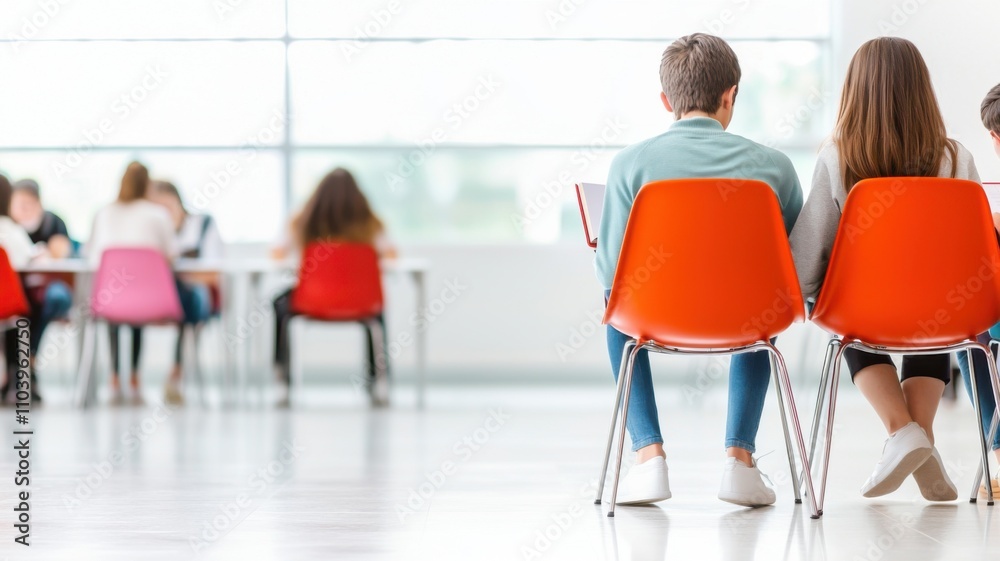 Students sitting in bright chairs in a modern classroom environment ...