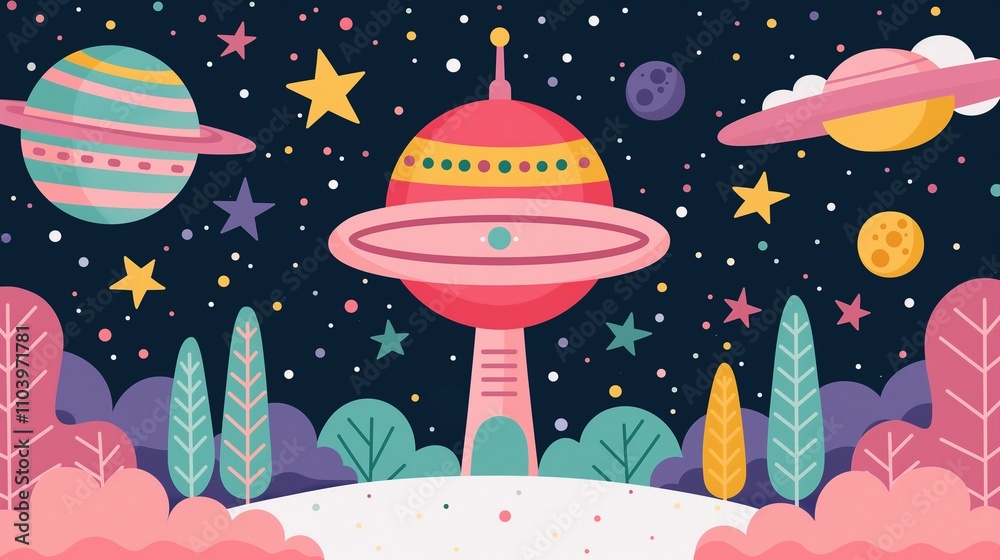 Ufo with light beam in night sky over wild forest background image ...