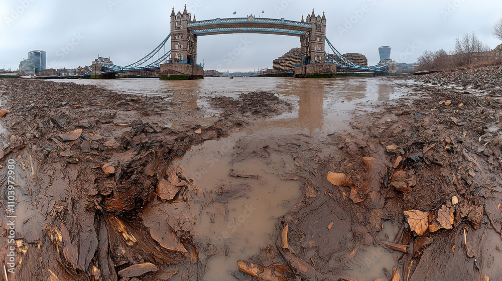 Tower Bridge over River Thames, showcasing low tide with exposed mud ...