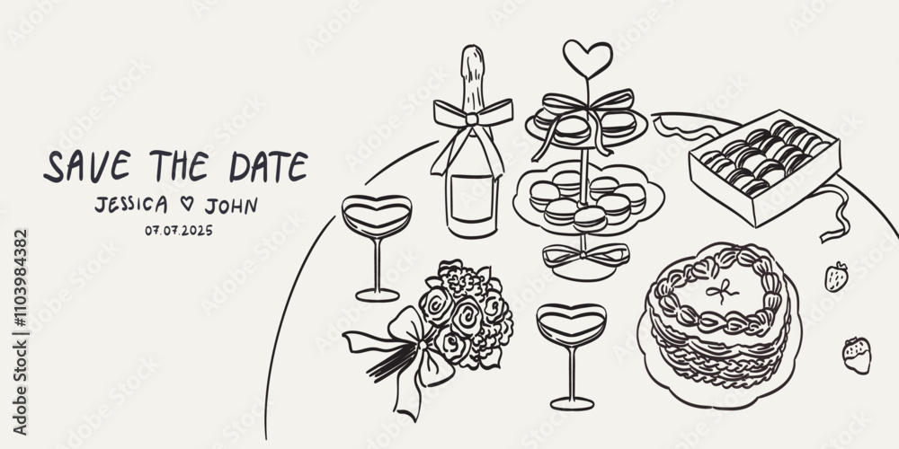 Save the date in La dolce vita sketch style. Hand drawn food ...