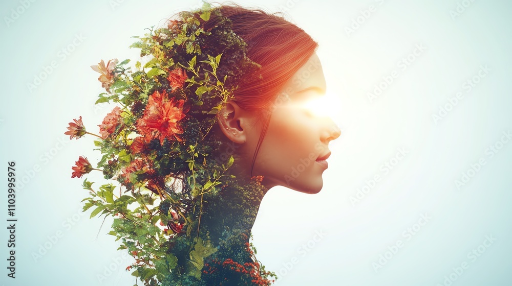 Woman s profile in natural double exposure with a rising sun, embodying ...