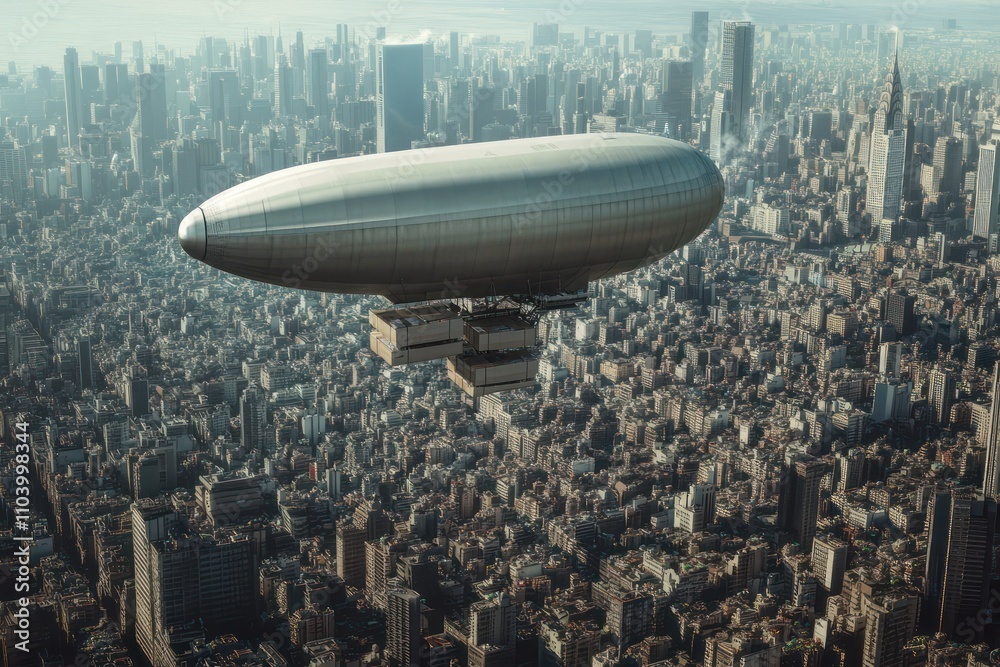 Image of a massive cargo zeppelin delivering packages over a densely ...