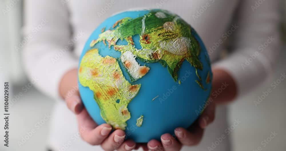 Woman hands hold globe with vibrant colors standing in room ...