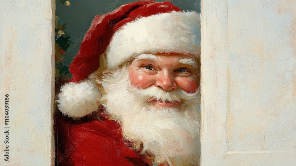 Santa sneaking a look from behind a white door, mischievous eyes ...