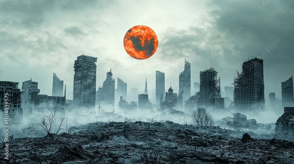 dystopia society concept. A desolate urban landscape under a fiery red ...