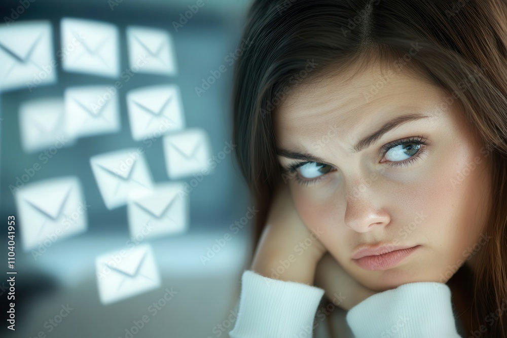 A young woman appears thoughtful and anxious while looking at floating ...