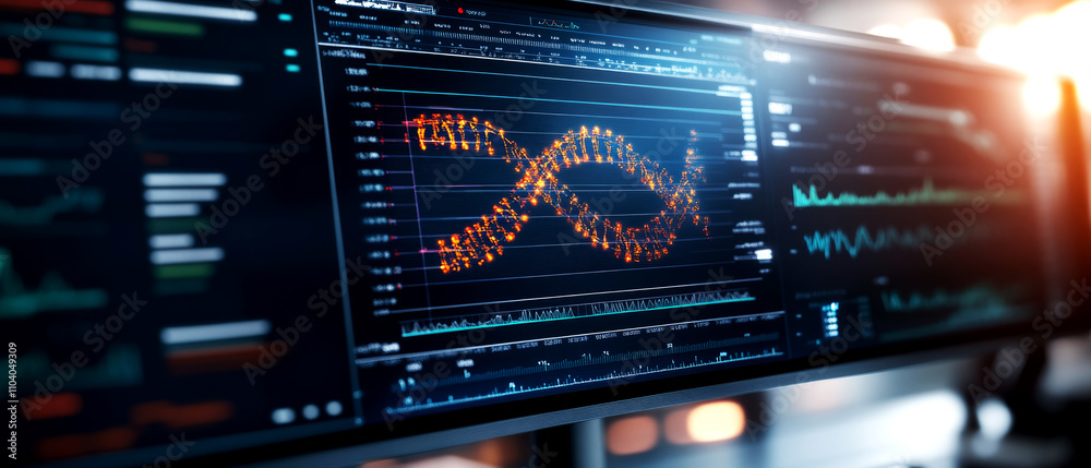 DNA helix monitors display. Dark control room with a central monitor ...
