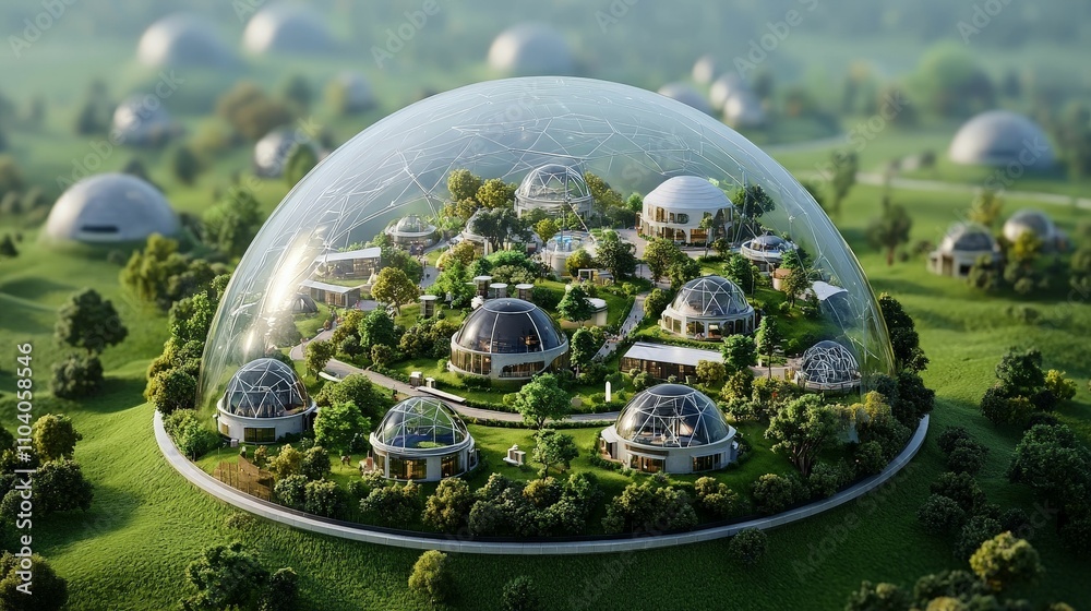 dystopia society concept. A futuristic eco-community enclosed in a ...