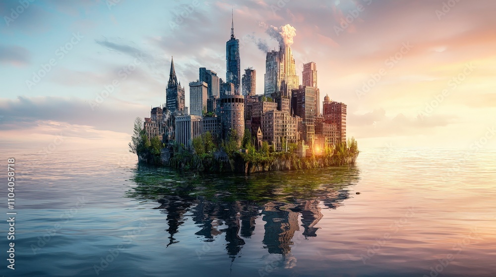 dystopia society concept. A futuristic cityscape rises from serene ...