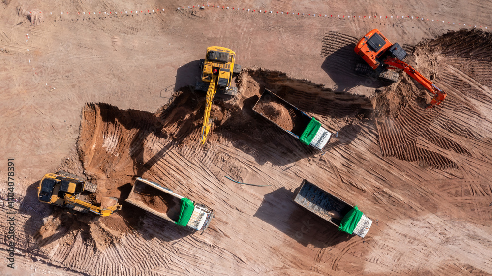 Aerial view road motor grader flatting dirt road surface, Motor grader ...