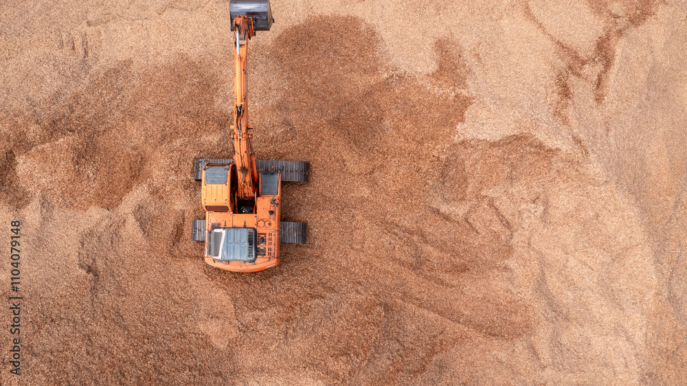 Aerial view road motor grader flatting dirt road surface, Motor grader ...
