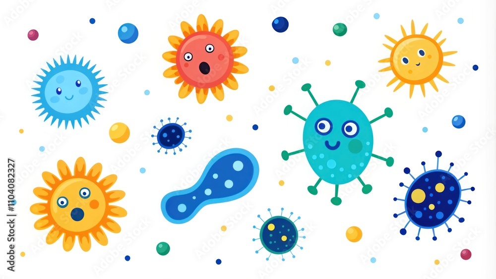 Colorful and Fun Cartoon Illustrations of Microorganisms, Including ...