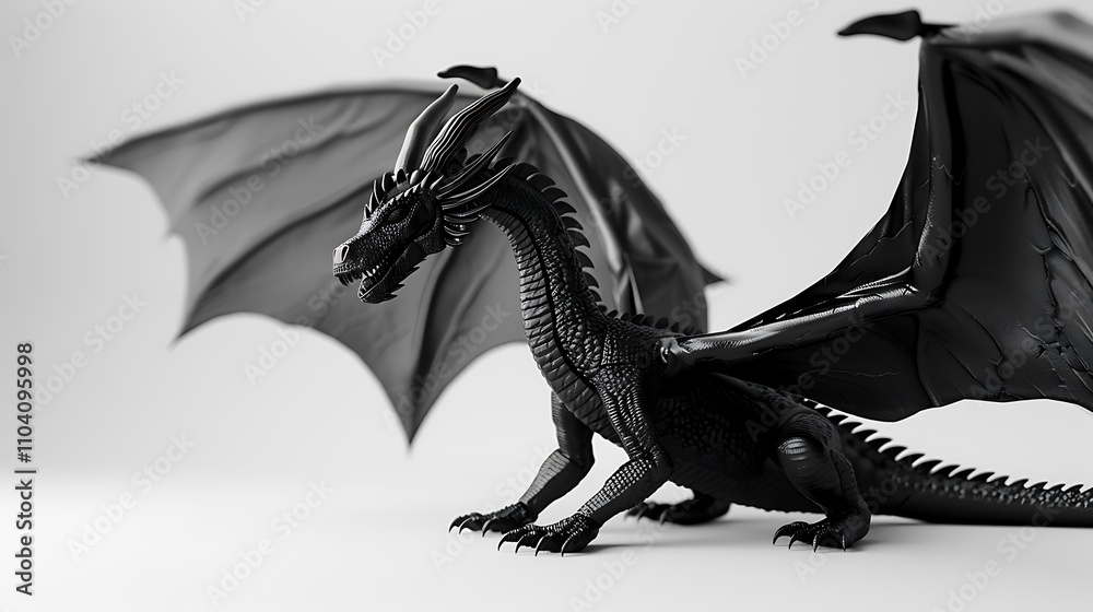 A Majestic Big Black Dragon on a White Background, Depicting Mythical ...