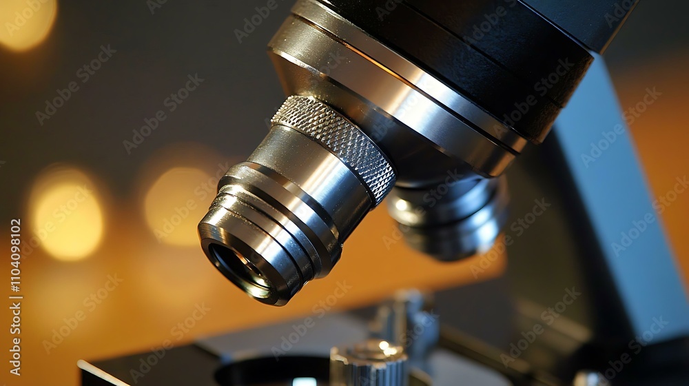 Microscope lens in focus, highlighting the fine metal details against a ...