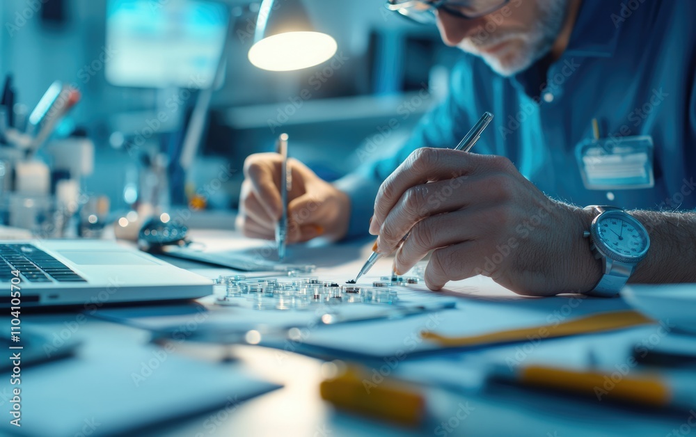 Forensic expert. A forensic expert analyzing evidence under a bright ...