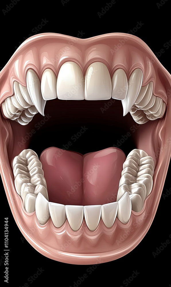 Wide open vampire mouth with fangs. Detailed graphic illustration of ...