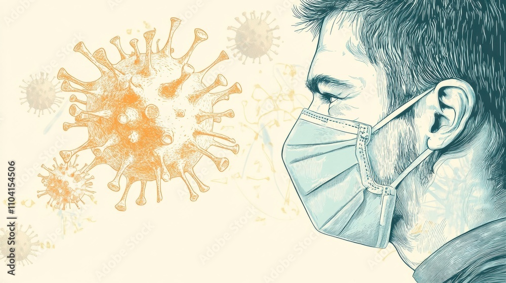 Drawing medical spread retro symbol and donning protection person of ...