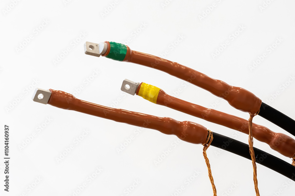 Cable end coupling. Electrical wires. Triple cable termination on white ...