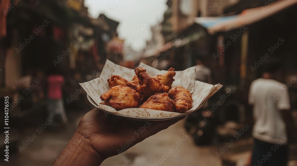 Crispy Fried Chicken Served on a Paper Plate in a Bustling Street ...