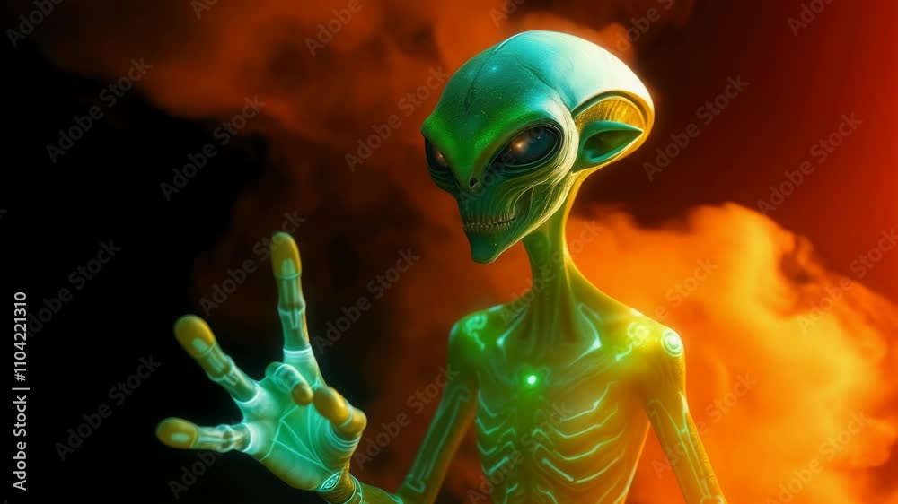 A futuristic alien with glowing red eyes, illuminated neon patterns on ...