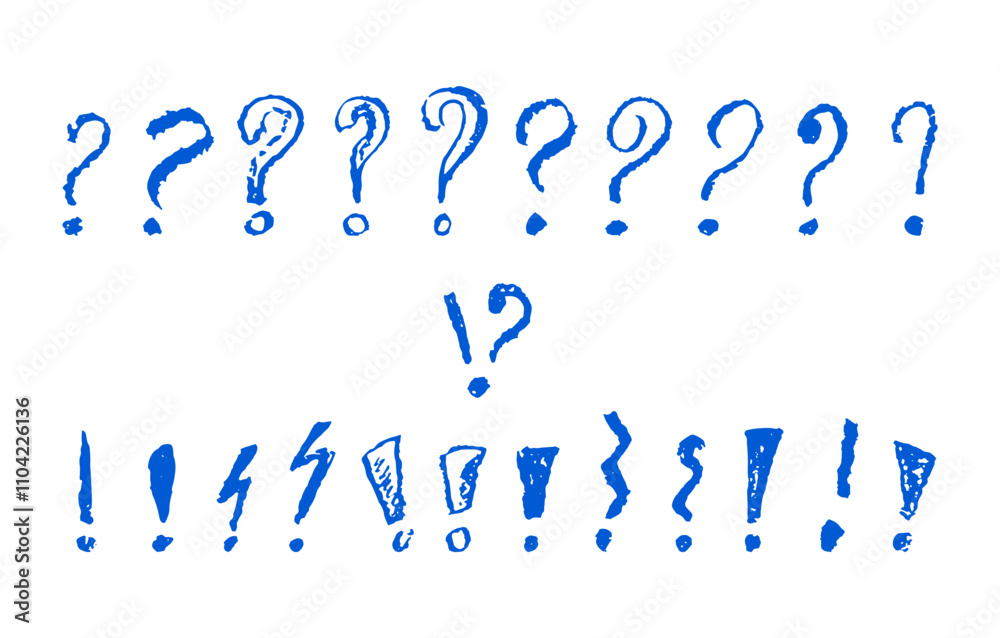 Exclamation and question marks symbols set. Blue crayon hand written ...