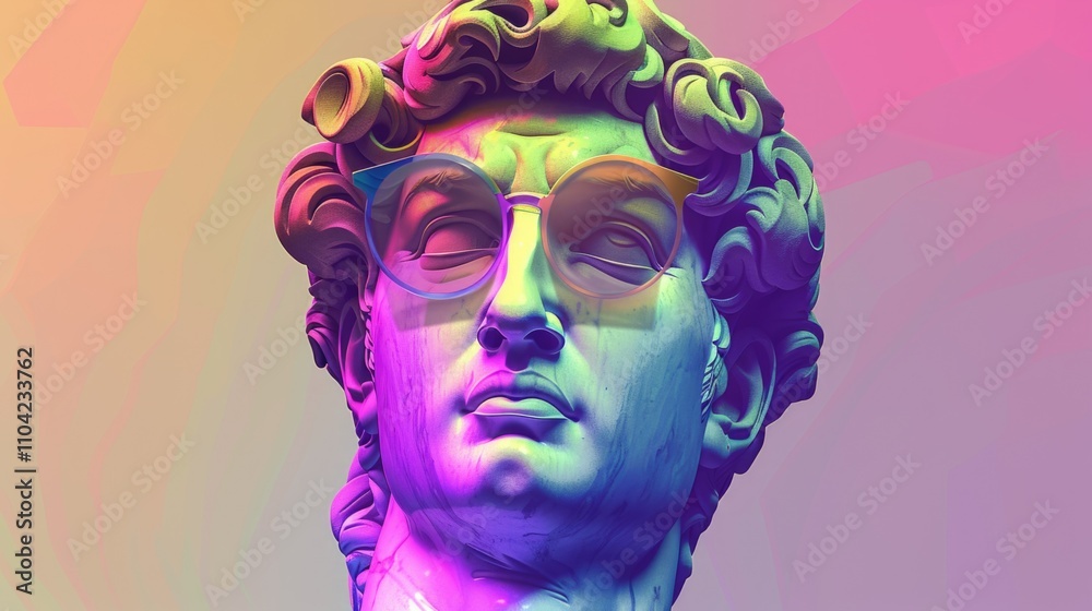 Statue of a man wearing glasses and a colorful background. The statue ...