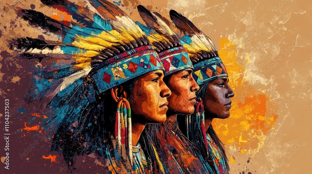 A modern and colorful painting of three Native American men, each ...