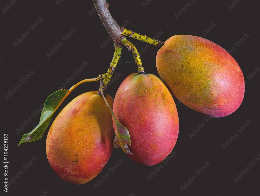 The image displays a mango fruit hanging from the tree. Mangoes are ...