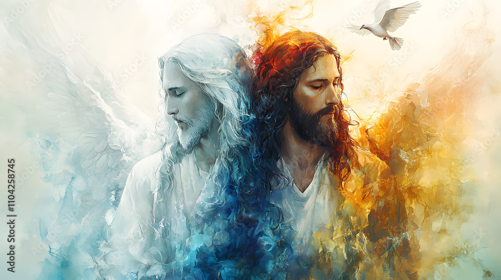 Jesus and another figure sitting together, both depicted with glowing ...