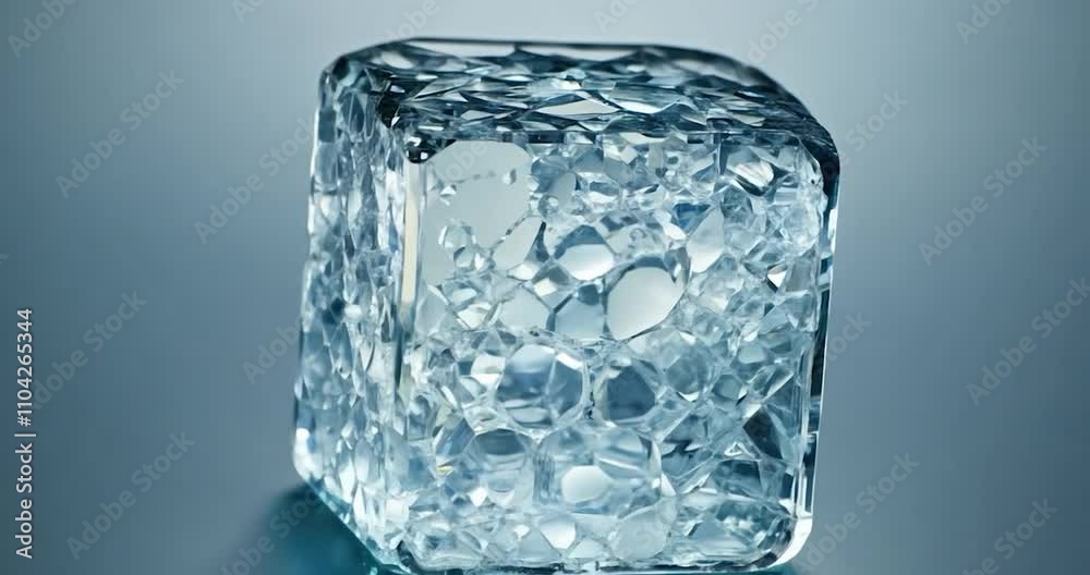 a large, clear blue ice cube with intricate cracks and air bubbles ...
