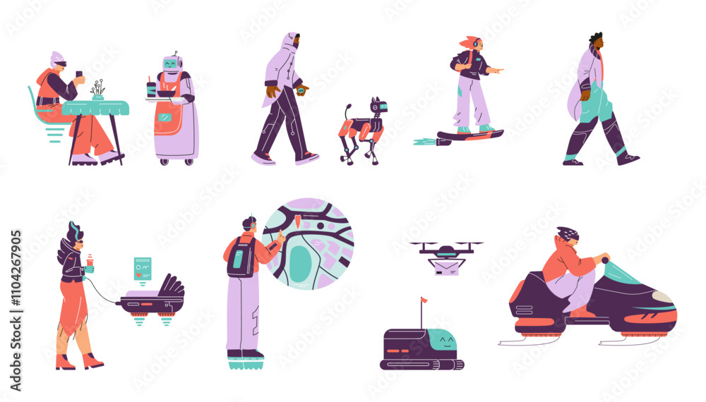 Vector set robot assistants helping people: a waiter, a drone, a flying ...