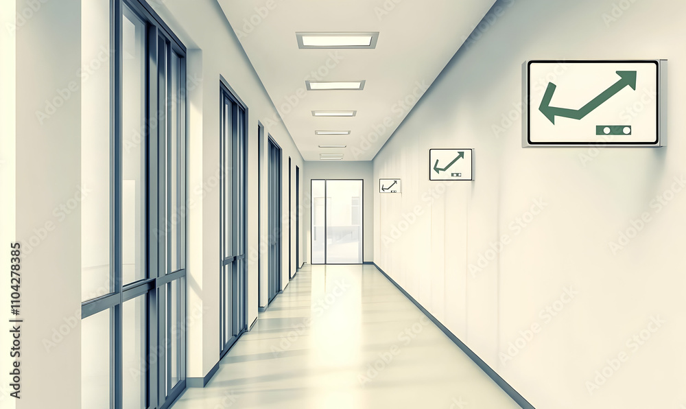 Office interior signage mockups - A modern corridor with exit signs and ...