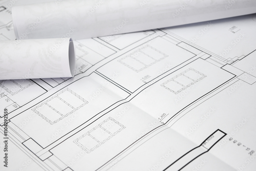 Rolled blueprints are lying on top of unfolded house plans, showcasing ...