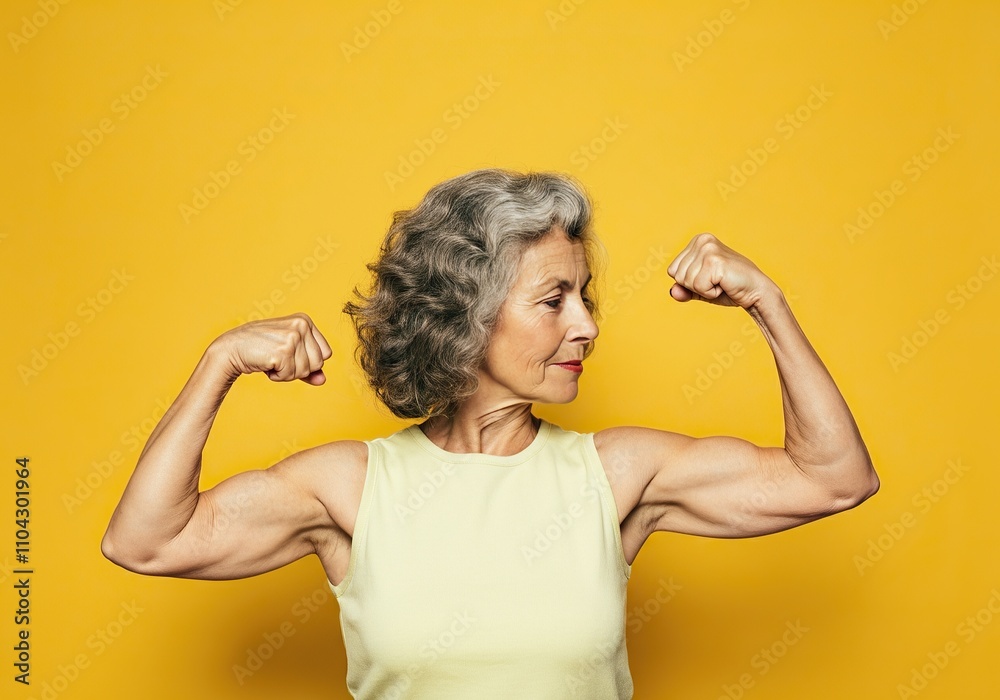 Confident older woman flexing her arm muscles, showing strength and ...