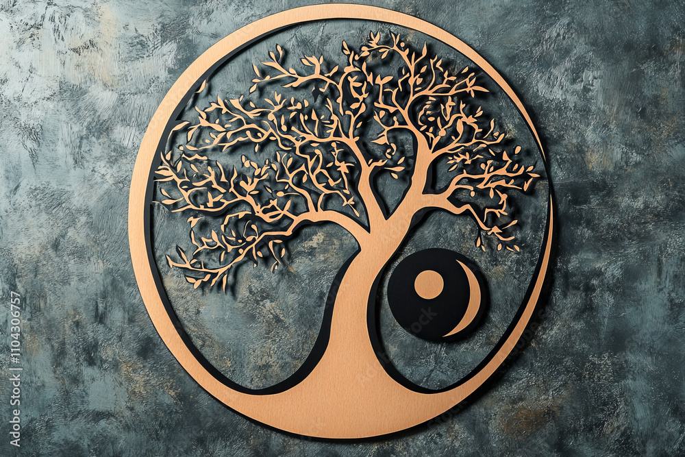 Intricate wooden tree of life with yin yang symbol design on textured ...