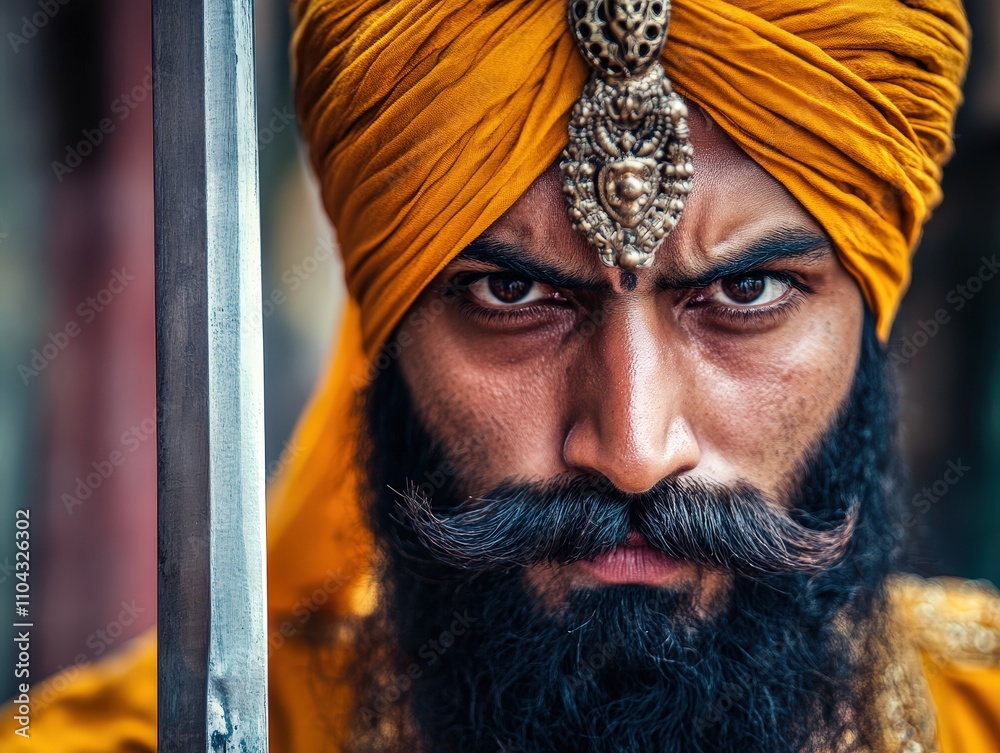 A close-up of a determined young man with a sword, donning a striking ...