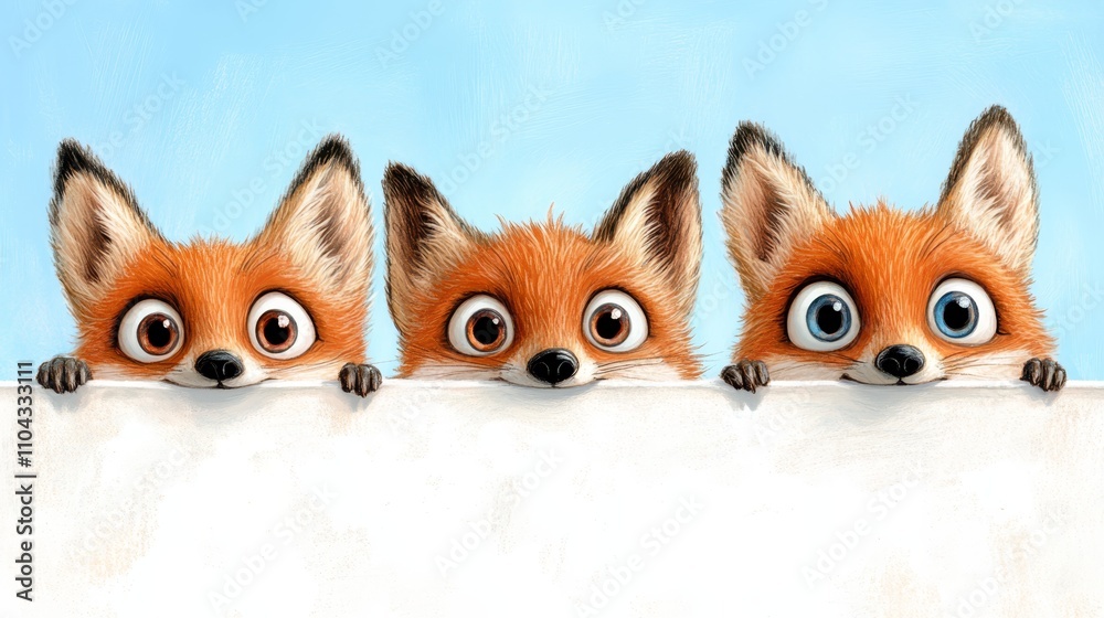 three red foxes peeking over a white wall, with a blue background The ...