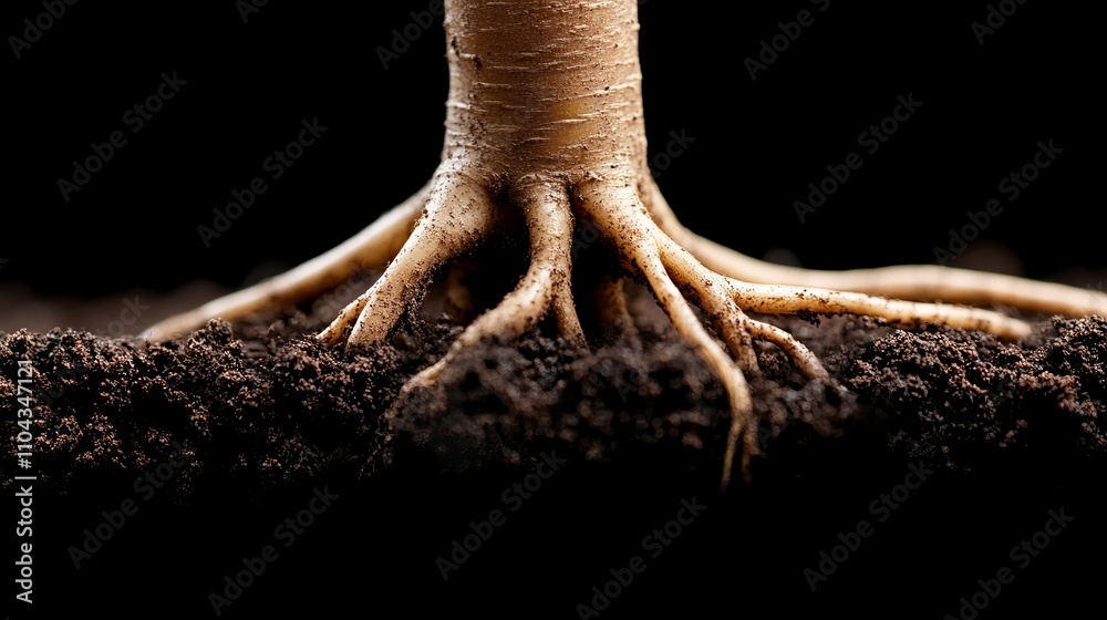 a close up of a plant with its roots in the soil, set against a black ...