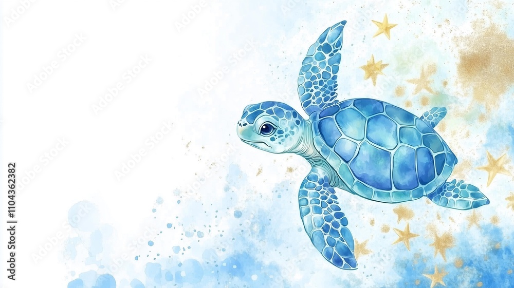 Birthday card in watercolor style, pastel blue colors and golden ...