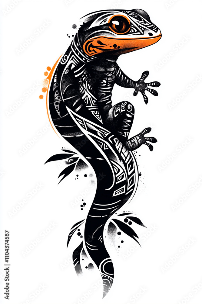 primitive sketch of A Polynesian slim gecko mini tattoo in a vertical ...