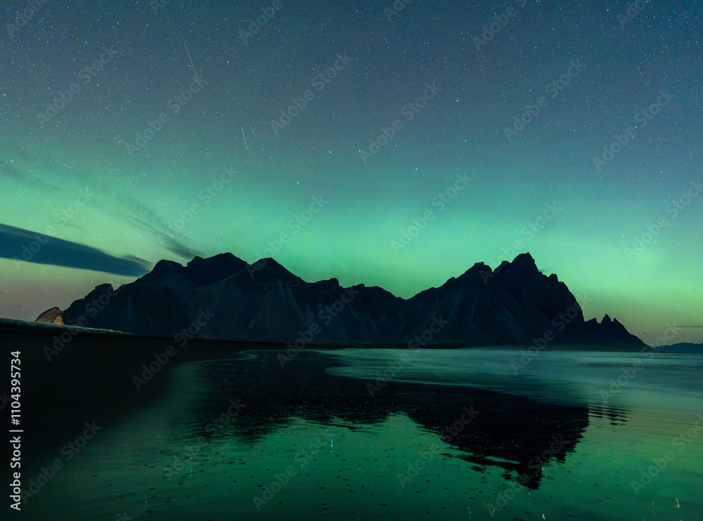 Night time image of the Vestrahorn mountain and Stokksnes beach on ...