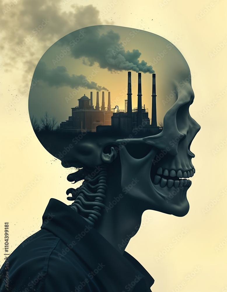 Skull silhouette with factory inside head. Toxic smoke fills skull ...