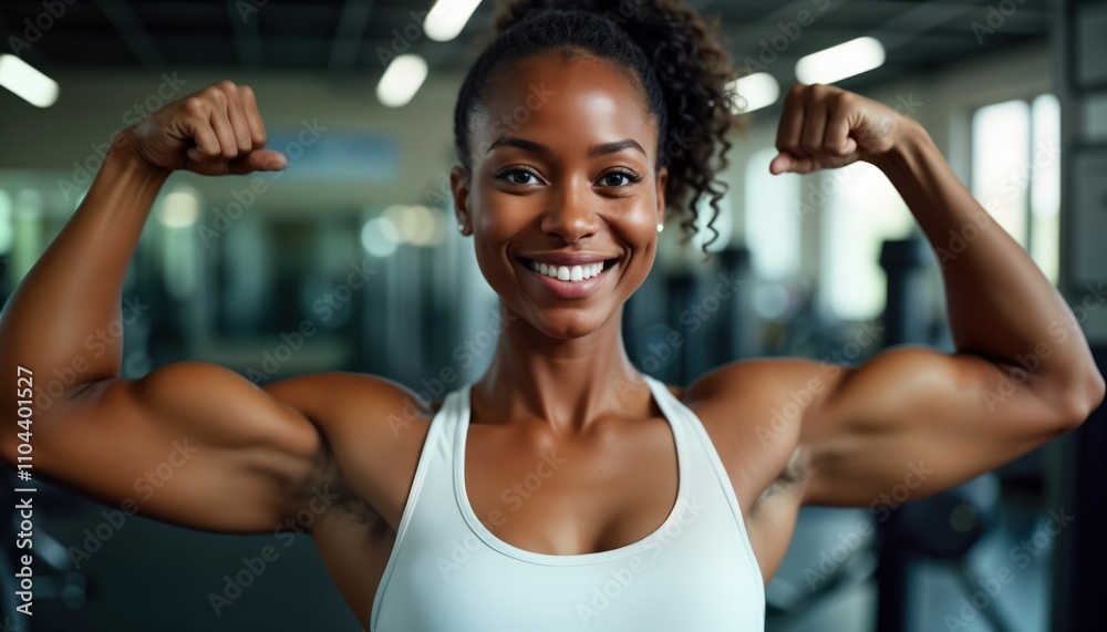 Strong black woman flexes muscles in gym. Fit athlete shows biceps ...