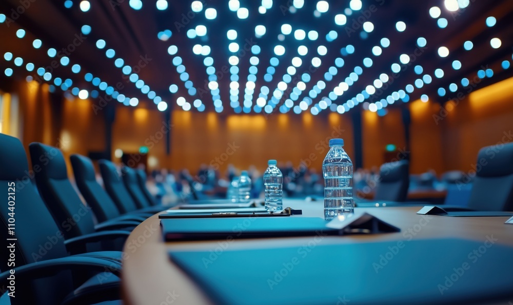 Conference room with illuminated ceiling, modern design, empty chairs ...