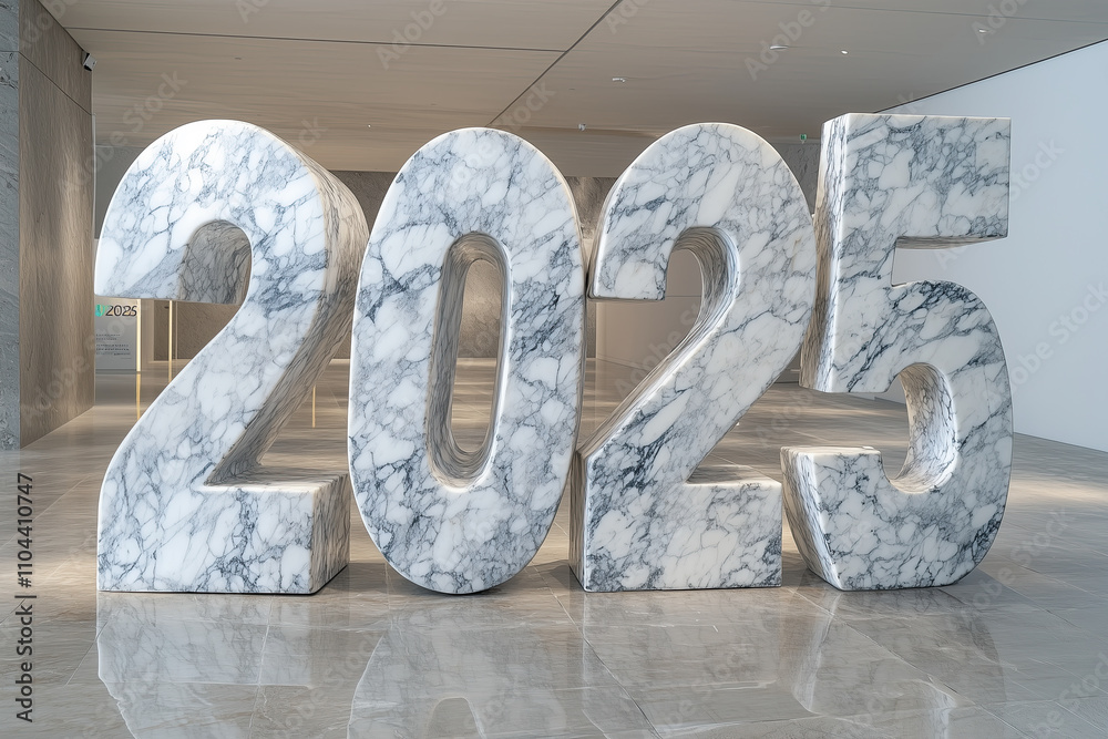 word "2025" is carved in white marble, standing on the ground of an ...