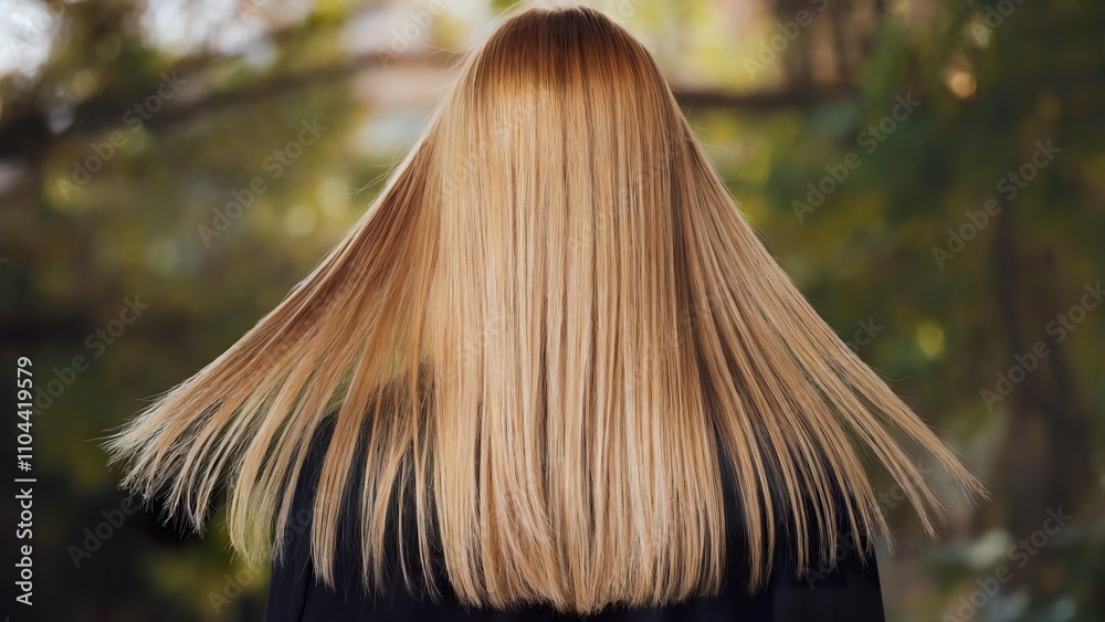 Straight, healthy hair viewed from the back perspective. The hair is ...