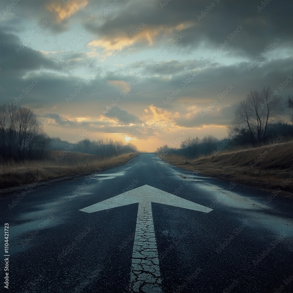 Empty asphalt road leads to sunrise direction. Arrow points forward ...